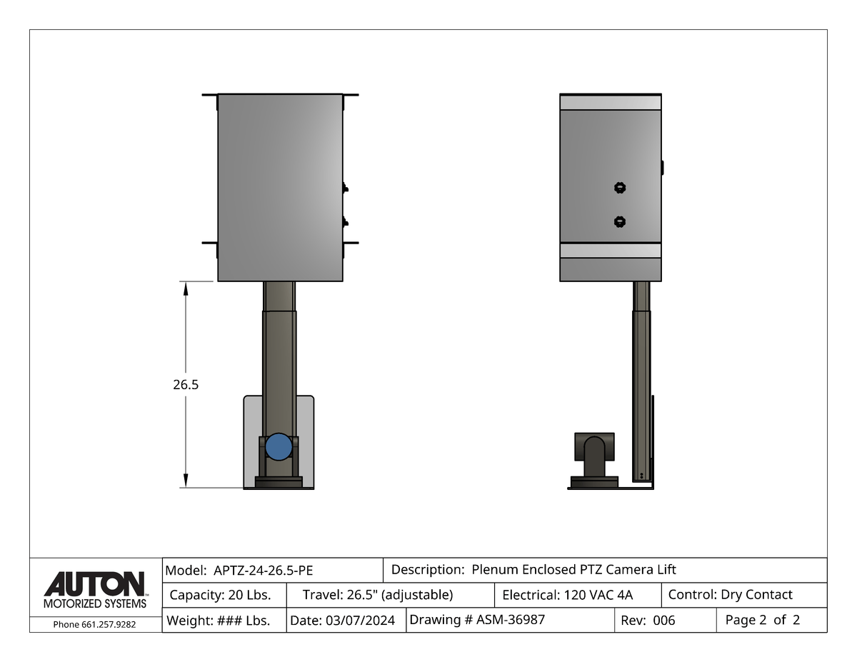 PTZ Camera Lift - Attic Mounted - Travel: 26.5" - 120VAC/220VAC