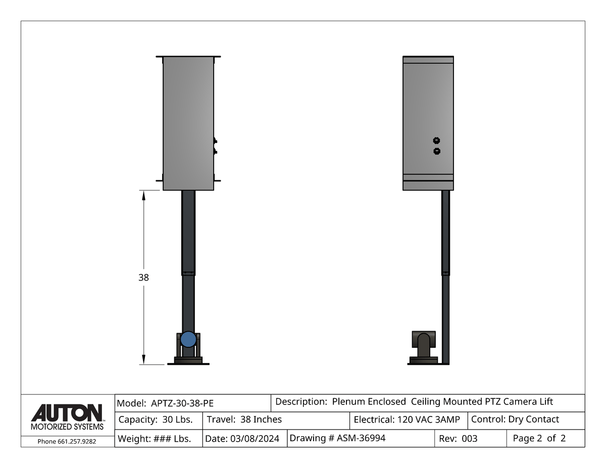 PTZ Camera Lift - Attic Mounted - Travel: 38" - 120VAC/220VAC
